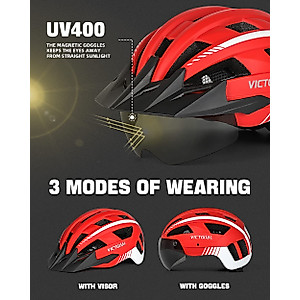 VICTGOAL Bike Helmet with USB Rechargeable Rear Light Detachable Magnetic Goggles Removable Sun Visor Mountain & Road Bicycle Helmets for Men Women Adult Cycling Helmets (L: 57-61 cm, Red)