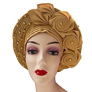 QliHut White Nigerian Gele Headtie African Head Wraps Aso Oke Gele Already Made Auto Gele African Turban Cap For Party (Gold)