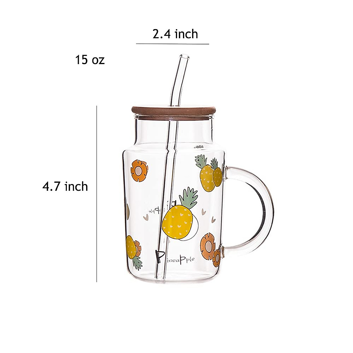 Sizikato Clear Glass Mug with Lid and Straw, 15 Oz Drinking Glass Juice Cup, Cute Pineapple Pattern