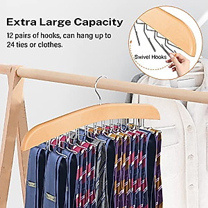 Tank Top Hanger Space Saving - Fitnice Bra Hanger for Closet Organizer with 360° Rotating 24 Foldable Metal Hooks Bra Organizer Wooden Tie Storage Rack for Camisoles, Bras, Belts, Scarfs 2 Pack
