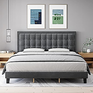Assile Queen Size Upholstered Bed Frame, Button Tufted Velvet Platform Bed with Adjustable Headboard, Wood Slats, Noise-Free Design, No Box Spring Needed in Light Grey