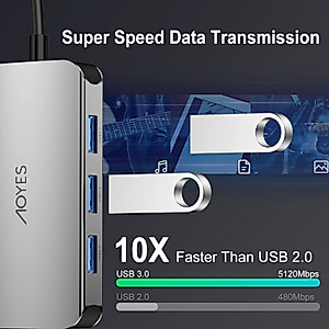 USB C Hub, USB C to HDMI 4K@60Hz Adapter, Aoyes 6-in-1 USB C Dongle, USB Hub with 1000M Ethernet, 100W Power Delivery, 3 USB 3.0 Ports, for MacBook Air, MacBook Pro, Surface Pro, XPS, iPad, and More.