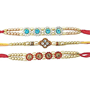 Palak Global Rakhi Bracelet, Wrist Band. Fancy unique beautiful stones blue white, red stones, gift celebration (Fancy Rakhi Set of 3 - Design 1, Small) (PLK32)