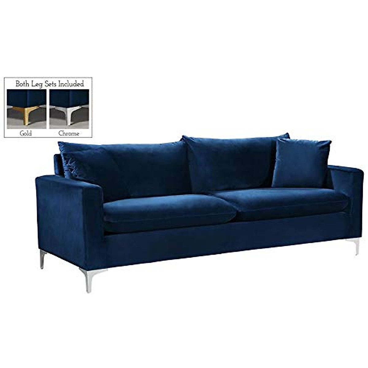 Meridian Furniture Naomi Collection Stainless 1 Modern | Contemporary Velvet Upholstered Sofa with Stainless Steel Base in a Rich Gold or Chrome Finish, Navy