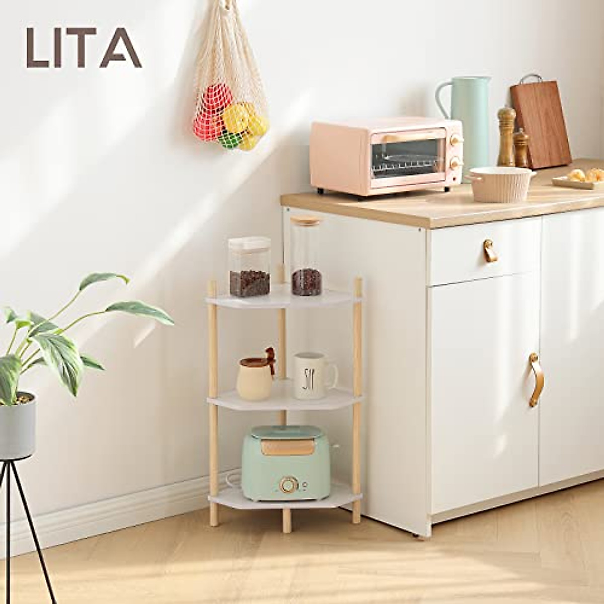 LITA Modern Wood Side Table, Triangular Accent End Table Plant Night Stand with Magazine Storage for Bedroom, Living Room, Bathroom, White, 3- Tier