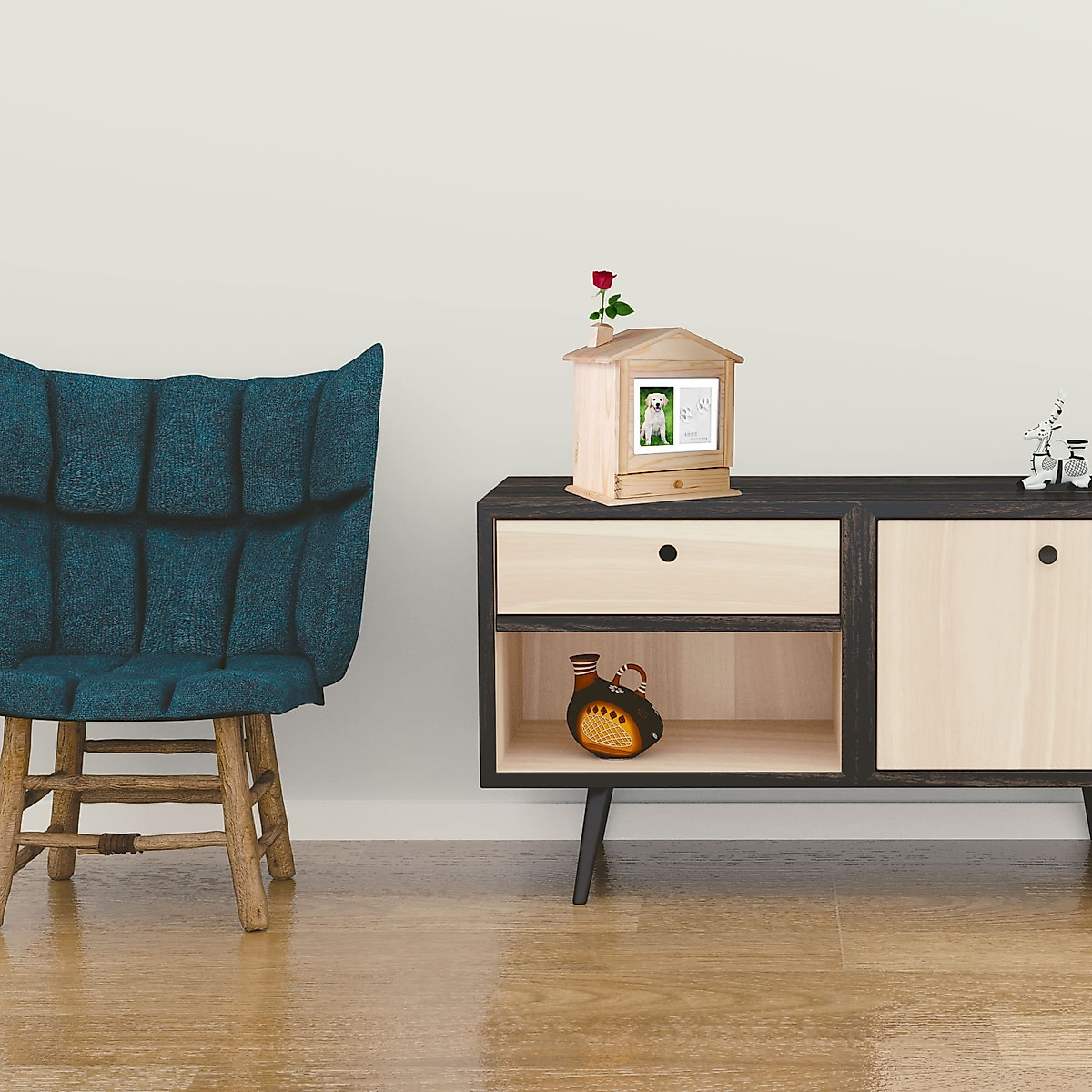 MonJolly Pet Urn, Wood Cremation Box with Photo Frame and Pawprint Clay for Personalized Urns. Memorial Keepsake for Ashes of Dogs, Cats, Small Animals. Bag for Ashes Included. Pet Memorial Gift.