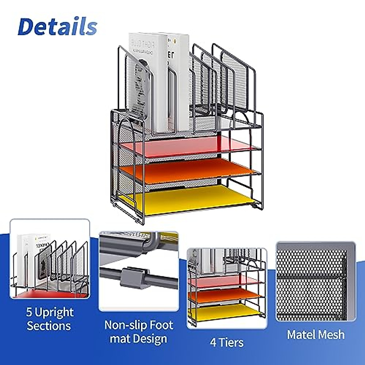 Marbrasse Mesh Desk Organizer, 4-Tier Mesh Desk File Organizer with 5 Vertical File Holders, Multifunction Desktop Organizer, Desk Organizers and Accessories for Home Office School,Grey