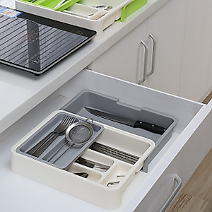 HornTide 3-in-1 Cutlery Tray Expandable Utensils Holder Plastic Kitchen Drawer Organizer for Silverware Storage and More - Gray