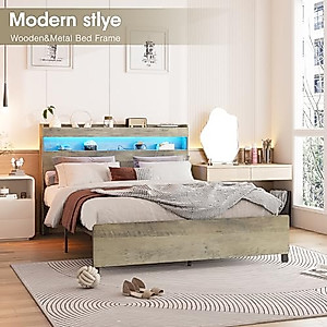 Grey Full Size Bed Frame with 2-Tier Wooden Storage Headboard and Charging Station Modern Upholstered Platform Full Bed Frame with RGB LED Lights Metal Support,No Box Spring Needed,Noise Free,Gray