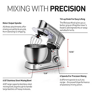 Stand Mixer, Techwood Electric Food Mixer, 6QT 400W 6-Speed Tilt-Head Kitchen Dough Mixer with Stainless Steel Bowl, Dough Hook, Wire Whip and Beater, Black