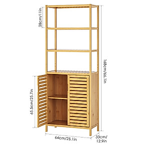 HIFIT Tall Bathroom Storage Cabinet, Bamboo Storage Cabinet with 2 Doors and 3 Tier Shelves, Bathroom Cabinet Freestanding, 67”H Bamboo Tall Cabinet for Bathroom Living Room Kitchen, Nature