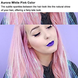 Hair Tinsel Kit With Tool Fairy Hair Tinsel Heat Resistant 47Inch Tinsel Hair Extensions 6Pcs 1200 Strands Sparkling Hair Tinsel Glitter Tinsel Hair Extensions for Women Girls Kids (White-Pink)