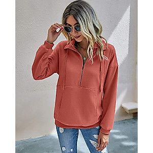 PRETTYGARDEN Women’s Casual Long Sleeve Lapel Zipper Sweatshirt Drawstring Loose Pullover Tops Orange Red