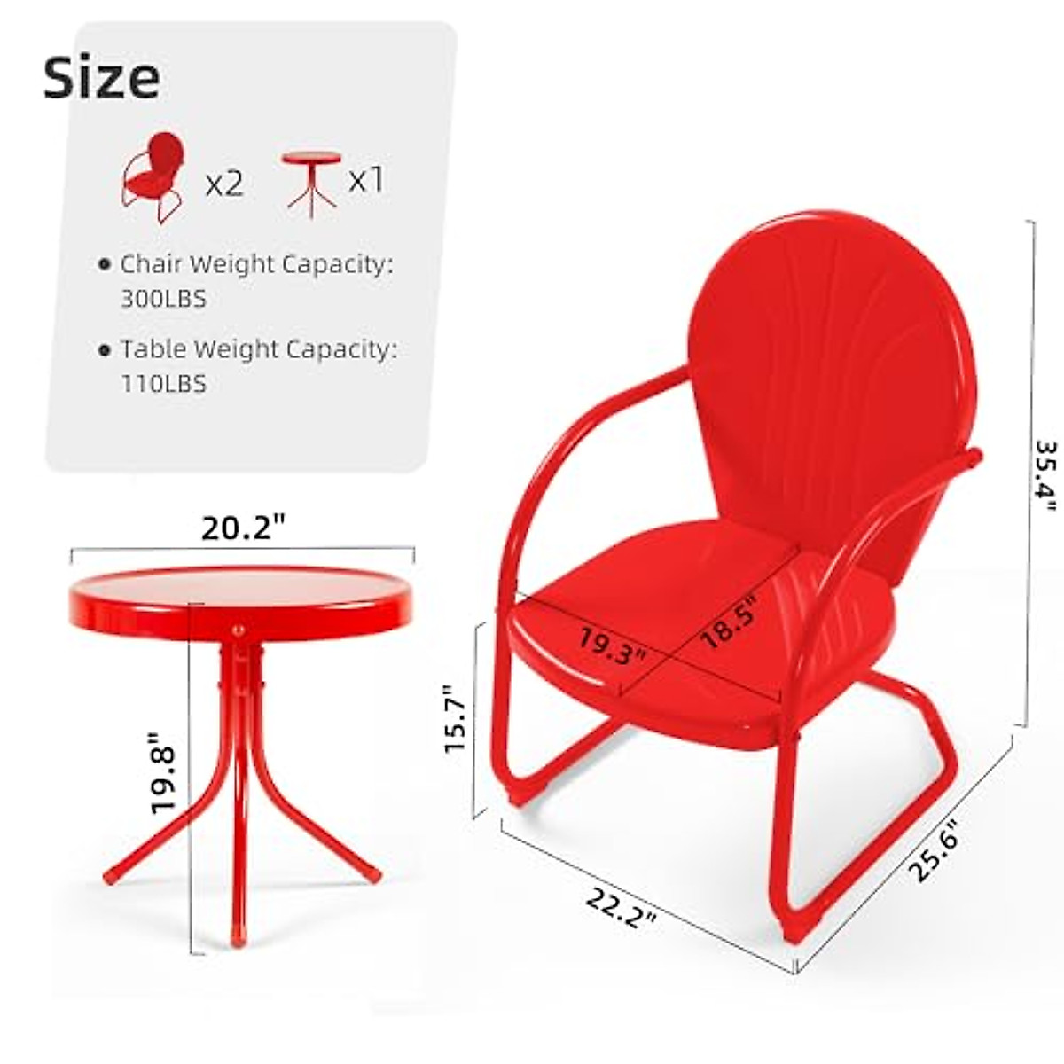 Patio Bistro Set Retro Metal Outdoor Seating Set Conversation Set 3 Piece, 2 C-Spring Motion Chairs and Side Table, Red