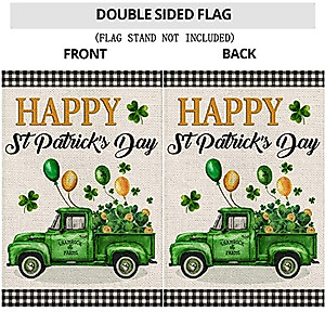 EKOREST Happy St Patrick's Day Garden Flag 12x18 Inch Vertical Double Sided,Buffalo Plaid Truck with Shamrock Balloons Small St. Patricks Day Yard Flag for Outdoor Farmhouse Holiday Outside Decoration