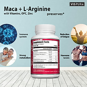VISPURA Maca Root Capsules 5000 mg + L-Arginine, Vitamins B6 + B12, OPC and Zinc, Energy Boosting Formula* for Men and Women, 120 Vegan Tablets with Organic Maca Peruana Extract