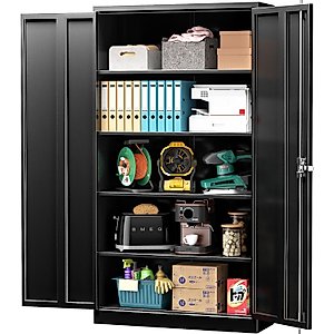 INTERGREAT Storage Cabinet with Doors and Shelves, Metal Garage Storage Cabinets with Lock, Black Lockable Steel Supply Cabinet for Home Office, Warehouse