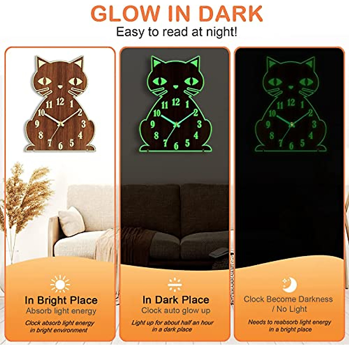 Night Light Wall Clock - Cat Wall Clocks Glow in Dark, Silent Non-Ticking Wood Clocks Battery Operated, Rustic Farmhouse Modern Clock Decorative for Kitchen Living Room Bedroom (12 Inch)