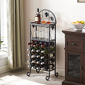 VECELO Metal Wine Rack Hold 20 Bottles with Glasses Holder, Freestanding Floor Bar Storage & Display Shelf for Kitchen Dining Living Room, Black Glass Top