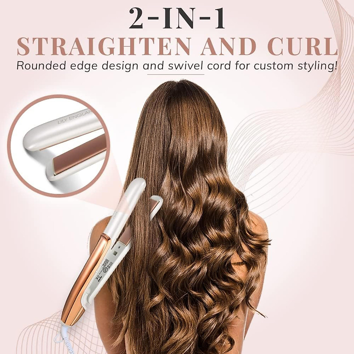 Lily England Hair Straightener and Curler, Adjustable Temperature, Dual Voltage 1 Inch Ceramic Rose Gold Flat Iron, Hair Straightener Curling Iron in One