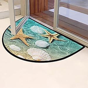 Summer Beach Half Round Door Mat, Starfish Shell Floor Mat Non-Slip Half Circle Area Rug Durable Washable Runner Mat for Living Room Bedroom Indoor Outdoor Entry for High Traffic Areas