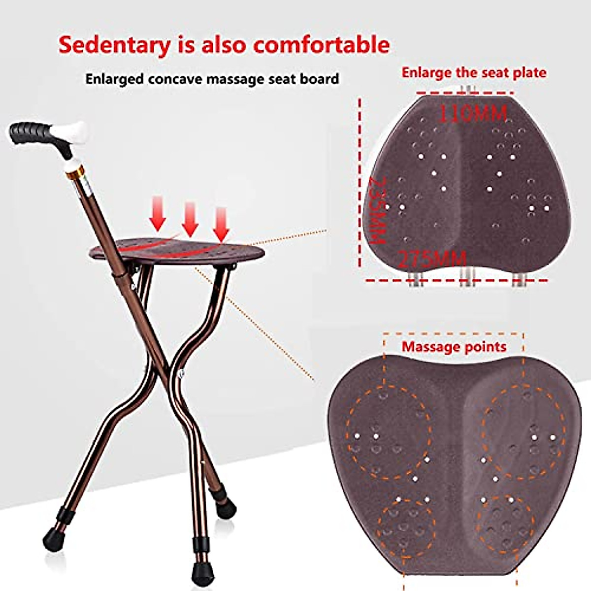 Walking Crutches Tripod Crutch Chair for Seniors Five Gears Height Adjustable Crutch Stool with Seat Large Double Arc Reinforcement Support Folding Cane for Men Women Lightweight Walking Aid