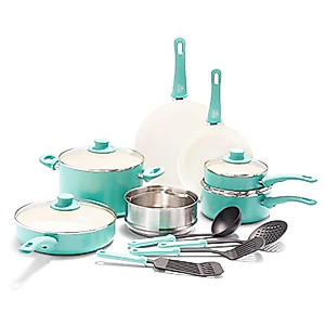 GreenLife Soft Grip Healthy Ceramic Nonstick, 15 Piece Cookware Pots and Pans Set, Induction, PFAS-Free, Dishwasher Safe, Turquoise