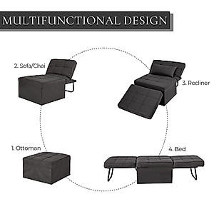 FHFO 4 in 1 Ottoman Bed Sleeper Chair Bed Folding Ottoman to Bed Chairs Breathable Linen Sofa Bed with Adjustable Backrest Pillow for Living Room Apartment Office, 28” Width, Dark Grey