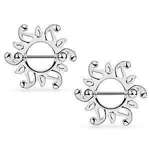 Forbidden Body Jewelry Pair of Surgical Steel Sexy Tribal Sun Nipple Piercing Shields, 9/16 Inch Barbells, Silver Tone