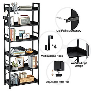 Rolanstar Bookshelf 6 Tier with 4 Hooks, Industrial Wood Bookcase, Vintage Storage Rack with Open Shelves, Rustic Standing Bookshelves Metal Frame Display Rack for Living Room, Bedroom