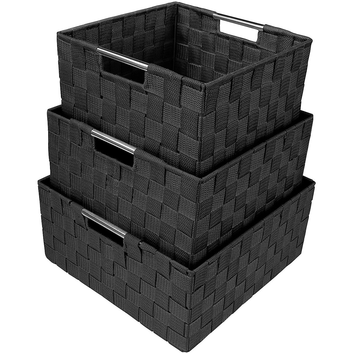 Sorbus Storage Box Woven Basket Bin Container Tote Cube Organizer Set Stackable Storage Basket Woven Strap Shelf Organizer Built-In Carry Handles (Black)
