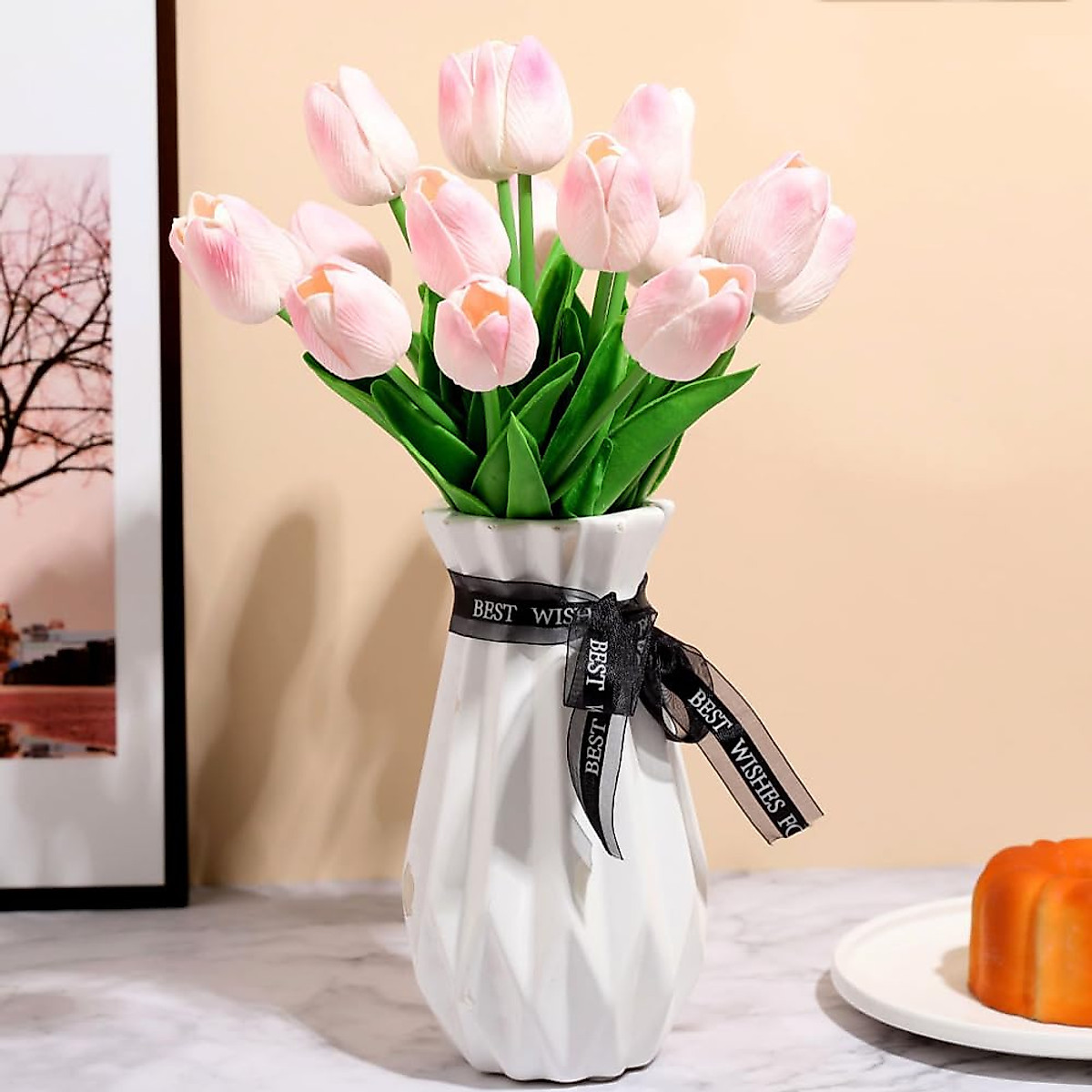 Cloudecor 20Pcs Artificial Tulips Fake Tulip Real Touch Latex Flowers for Wedding Party Home Office Decor (White - 20p)