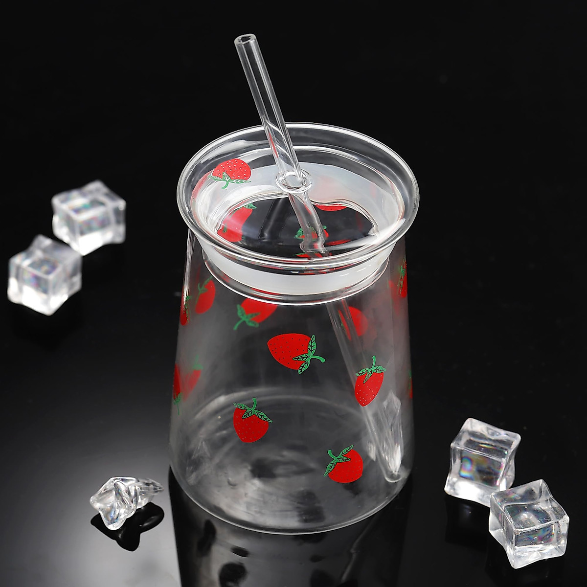 Joeyan Glass Tumbler with Lid and Straw,Iced Coffee Cups with Red Strawberries Pattern,Clear Cute Drinking Jars,Water Juice Beverages Soda Glasses,20 oz
