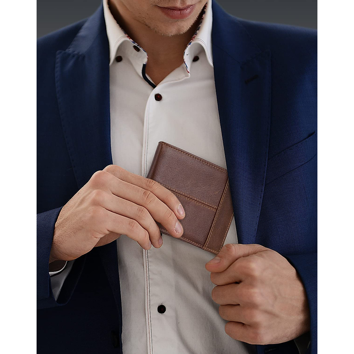 Swallowmall Mens Wallet RFID-Blocking Genuine Leather Slim Bifold Wallets for Men Leather Wallets Minimalist Front Pocket ID Window 8 Cards Holders Gift Box