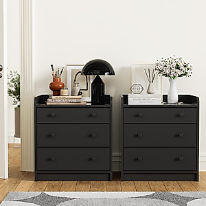 Anystyle Black 3 Drawer Dresser Set of 2, Modern 3 Drawer Dresser Bedside Table, Black Side End Table Nightstand for Bedroom Living Room