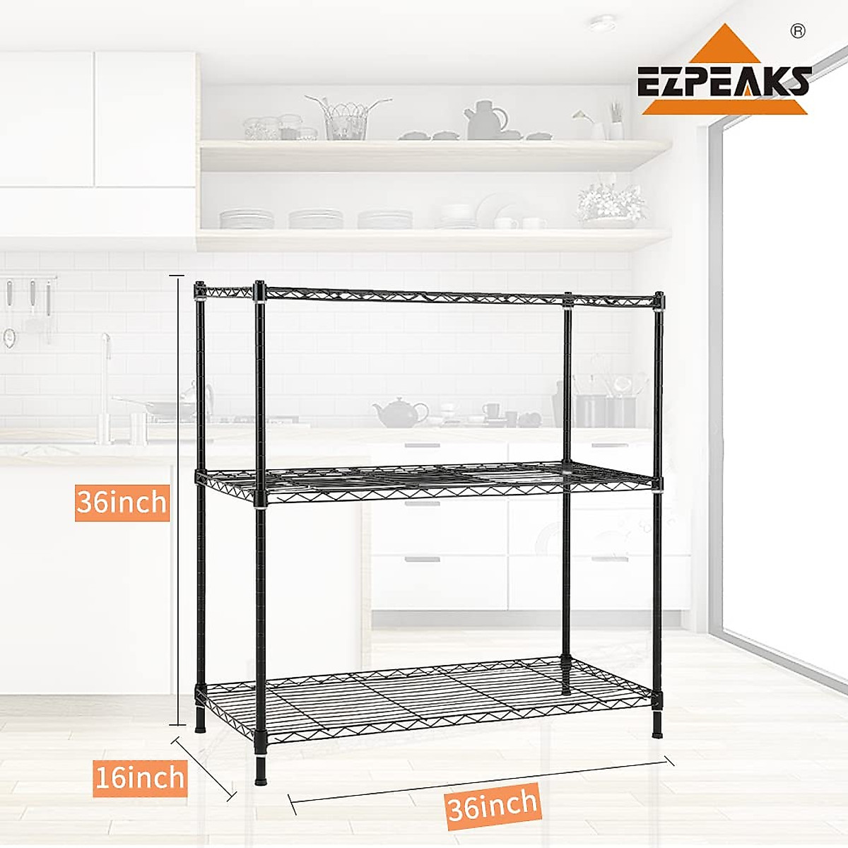 EZPEAKS 3-Shelf Shelving Unit with 3-Shelf Liners, Adjustable Rack, Steel Wire Shelves, Shelving Units and Storage for Kitchen and Garage (36W x 16D x 36H) Black