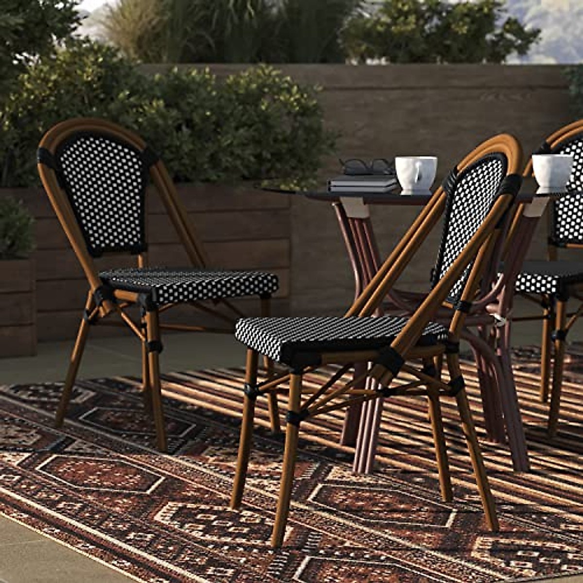 Taylor & Logan Nadia Indoor/Outdoor Stackable Bistro Chairs in Black/White PE Rattan with Bamboo Print Frame, Set of 2
