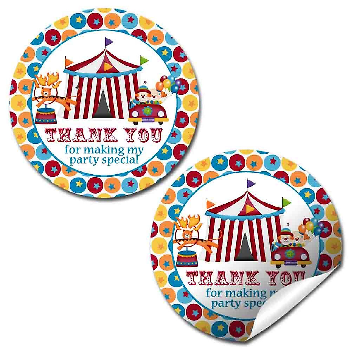 Circus Carnival Birthday Party Thank You Sticker Labels, 40 2" Party Circle Stickers by AmandaCreation, Great for Party Favors, Envelope Seals & Goodie Bags