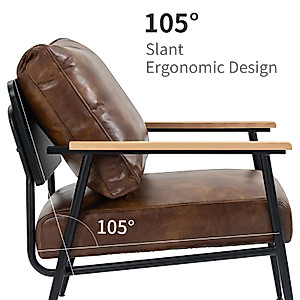 GYI Brown Leather Accent Chair Set of 2, 23.6'' Wide Armchair Set of 2, Industrial Black Metal Frame Accent Chairs with Wood Arms for Living Room, Bedroom