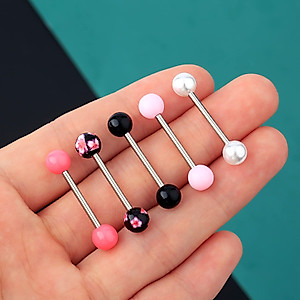 COCHARM 5Pcs Plastic Tongue Rings for Women 14g Pink Kitty Tongue Ring Acrylic Cute Tongue Piercing Jewelry Kawaii Girl Tongue Rings