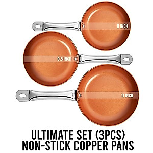 Razab Copper Frying Pan Set with Lids, 8", 9.5" & 11" Frying Pan Set, Nonstick Frying Pan Set, Copper Pans with Lid, Nonstick Skillets w/Lids 8", 9.5" & 11" Copper Pan Set