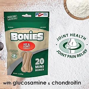 Bonies Hip and Joint Formula Treats for Dogs, Glucosamine and Omega Fatty Acids, Fresh Breath, Clean Teeth, Low Calories, Chicken Flavor, Mini, 20 Bones