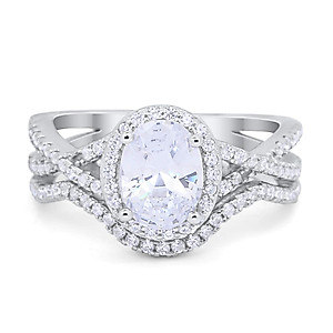 Blue Apple Co. Halo Wedding Engagement Bridal Set Twist Shank Ring Band 925 Sterling Silver Oval Round CZ