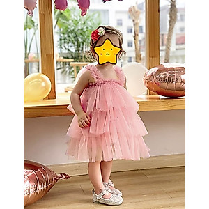 AGQT Baby Girls Tulle Tutu Dress Toddlers Tulle Layered Lace Dresses Sleeveless Princess Party Dress Summer Ruffles Sundress with Flower Headband Pink Size 12-18 Months