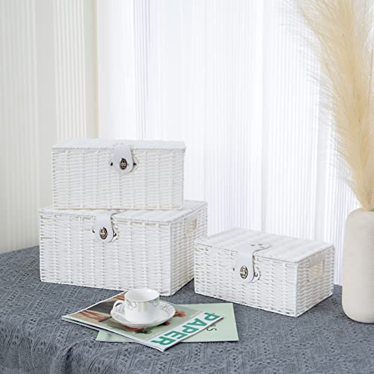 Homepeaz Set of 3 Woven Wicker Storage Basket Box with Lid & Lock, Built-in Carry Handles, Multifunctional Storage Organiser for Nursery, Baby, Clothes, Toys, Books, Large/Medium/Small Size (White)