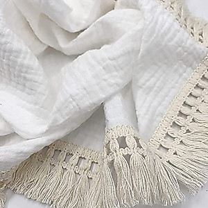 JH-YiSheng Cotton Muslin Baby Blanket with Tassel, Newborn Swaddle Wrap, Cotton Baby Receiving Blanket, Infant Sleeping Quilt Bed Cover, 43"x47" (White)