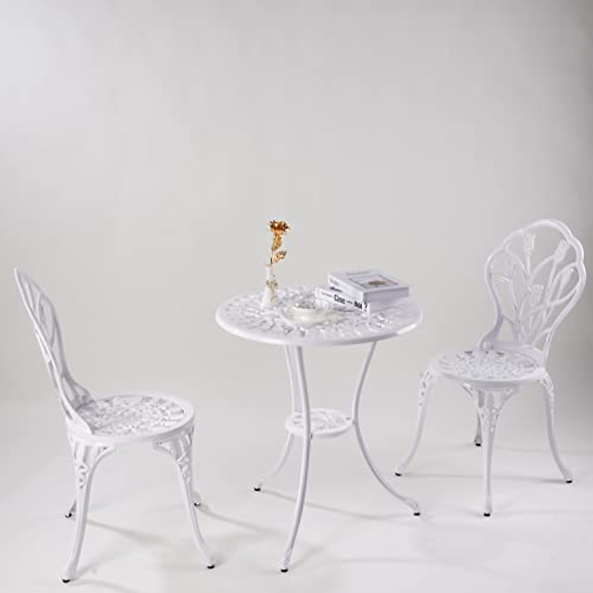 KAI LI Patio Bistro Sets 3 Piece cast Aluminum Patio Furniture Outdoor Garden Metal Rust Proof Tables and Chairs White bisrto Set (Tulips-White)