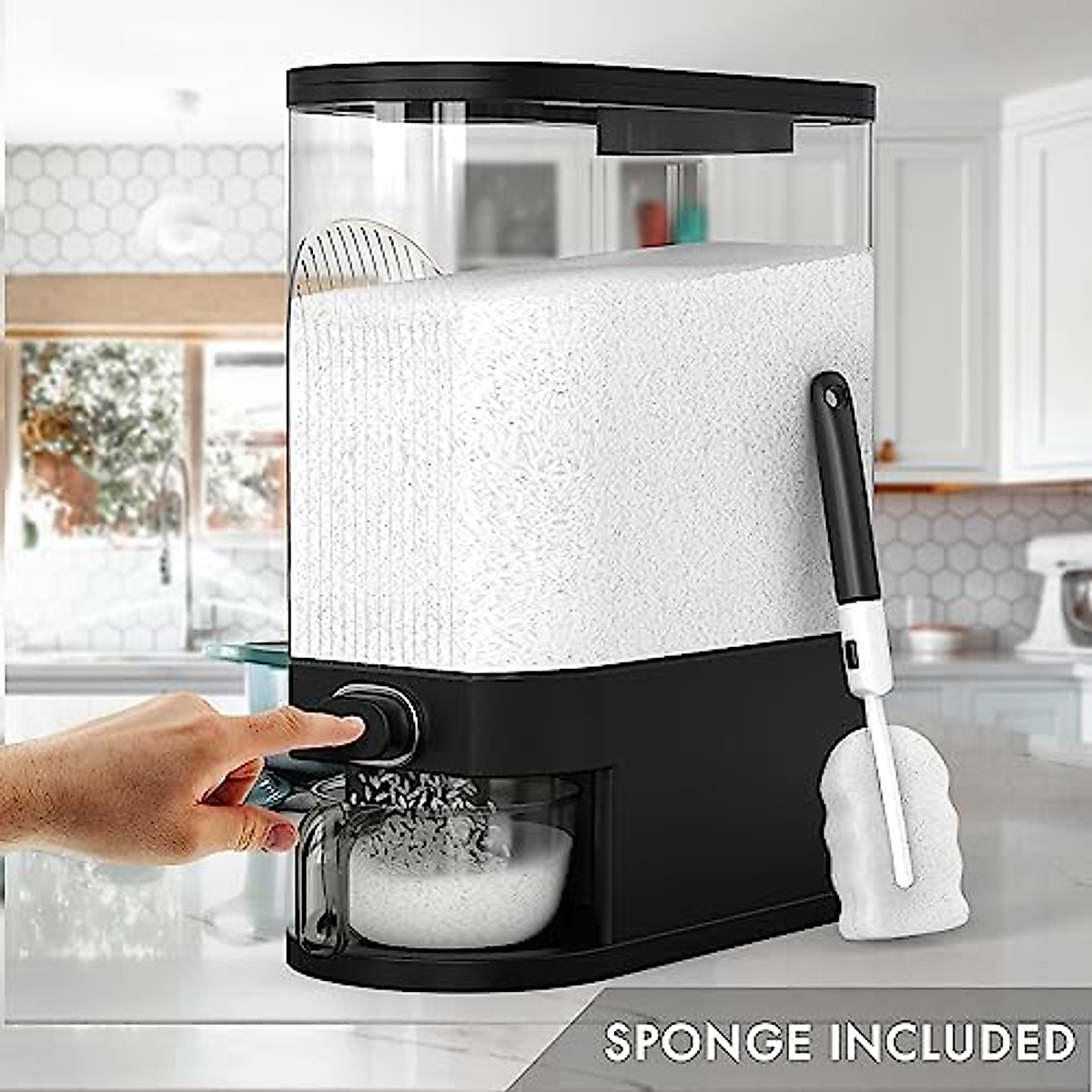 Retail Blade - 25lb Black Rice Dispenser, Measuring Cup & Sponge. Airtight Grain, Bean & Rice Container. NEW Clear Black Design. Easy To Use Grain Dispensing Storage Container For Kitchen