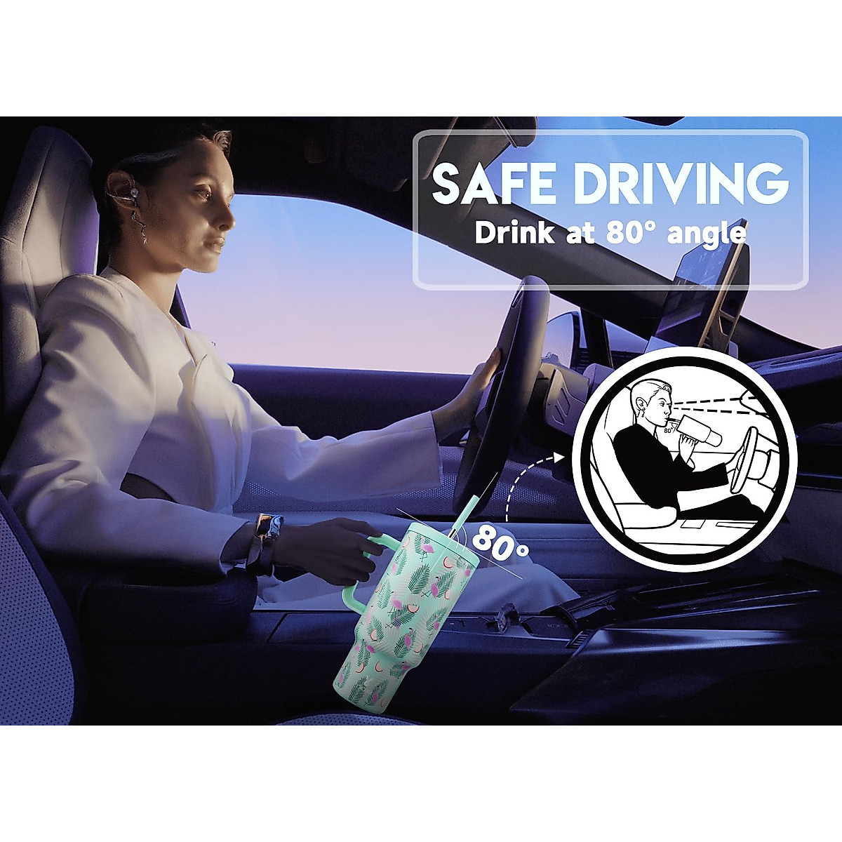 Meoky 40 oz Tumbler with Handle and Straw, Tumbler with Lid and Straw, Insulated Stainless Steel Travel Mug, 100% Leak-proof, Keeps Cold for 34 Hours or Hot for 10 Hours (Blue Flamingo)