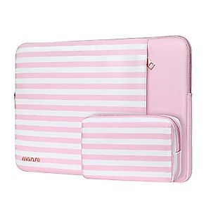 MOSISO Laptop Sleeve Compatible with MacBook Air/Pro, 13-13.3 inch Notebook, Compatible with MacBook Pro 14 inch 2023-2021 A2779 M2 A2442 M1, Horizontal Stripe PU Leather Bag with Small Purse, Pink